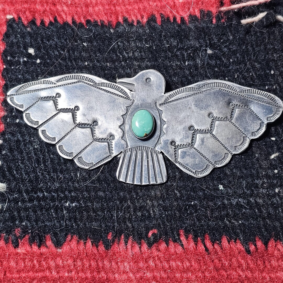 Large Vintage Thunderbird Pin Green Turquoise Sterling Harvey Native 3 ...