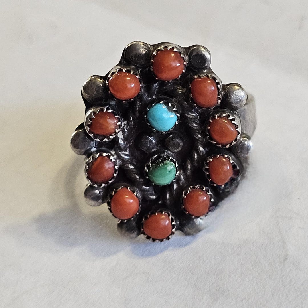 Zuni Snakeye Coral and Turquoise Silver Ring Vintage Sterling Size 6 1/ ...