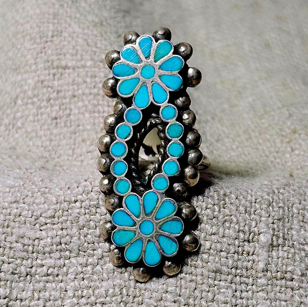 Zuni Dishta Inlay Turquoise Vintage Ring Old Pawn Size 5 1/2 Harvey Era ...