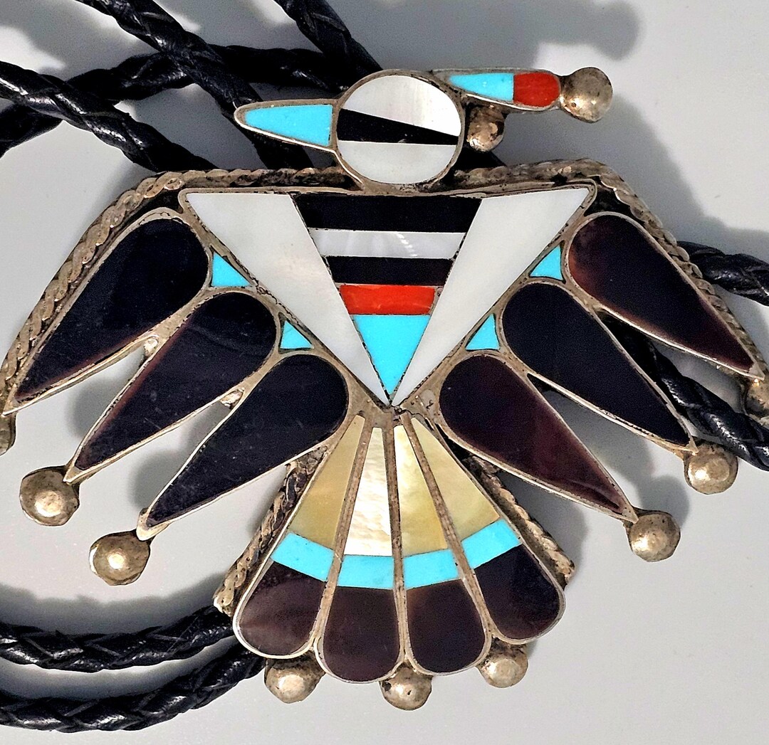 Thunderbird Zuni Inlay Bolo Turquoise Vintage Native Sterling Old Pawn ...