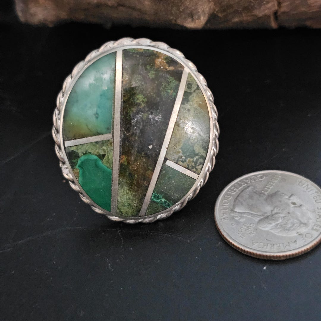 Inlay Green Turquoise Vintage Statement Ring Sterling Native Size 9 Old ...