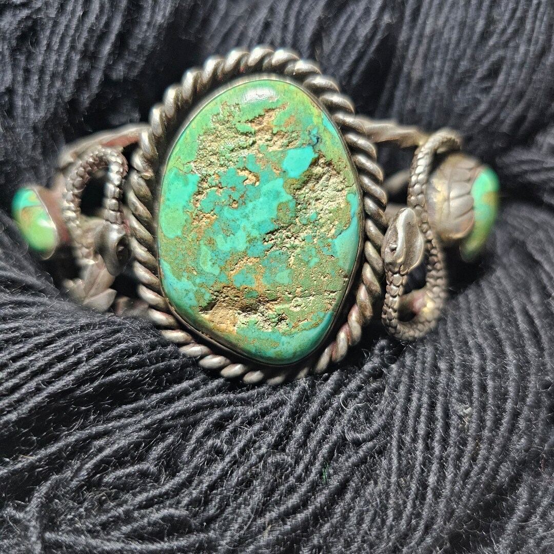 Early Dan Simplicio Snake Man Size Silver and Turquoise Old Pawn Cuff ...