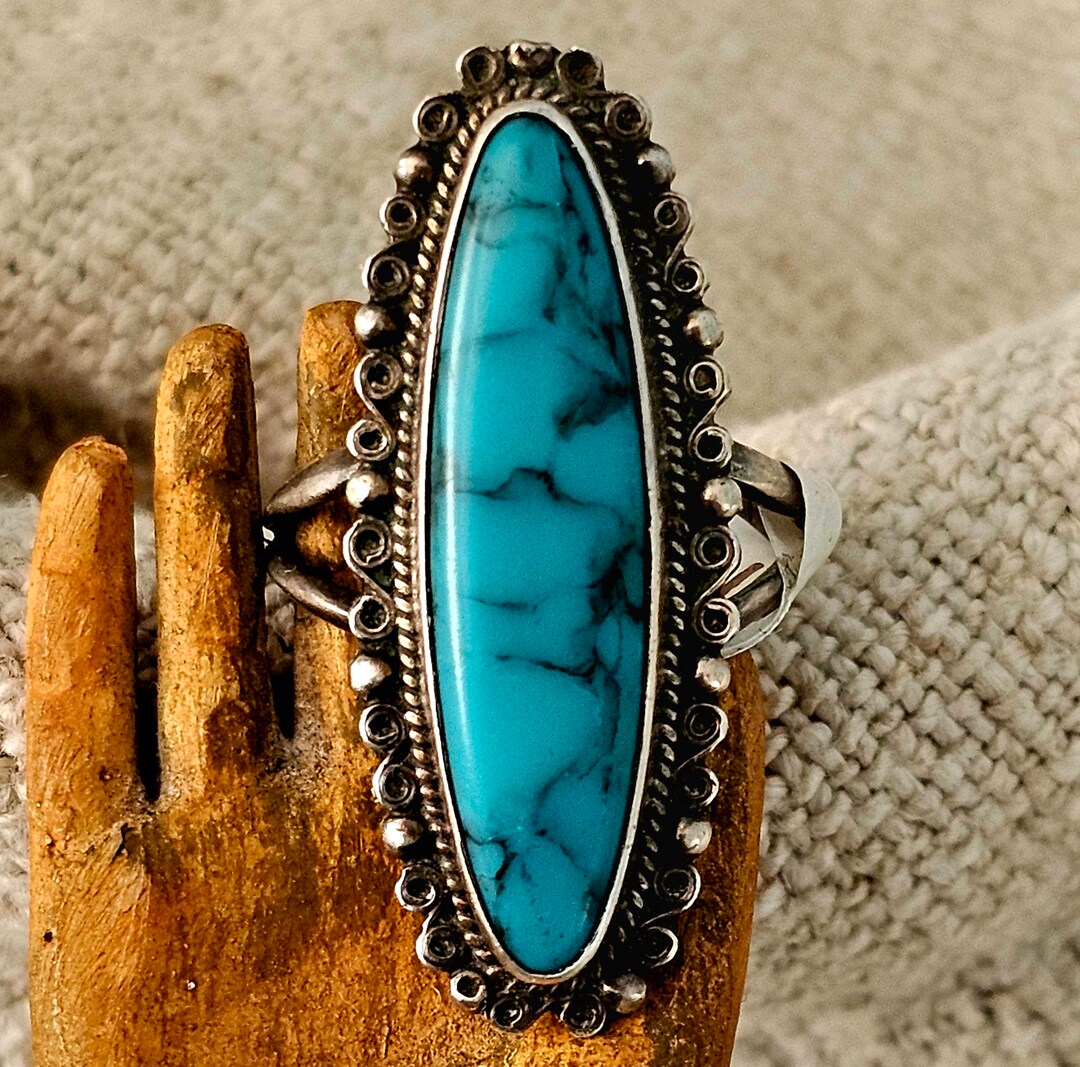 Elegant Long Blue Turquoise Native Ring Sterling Silver Size 7 3/4 Old Pawn JR 664 - Etsy