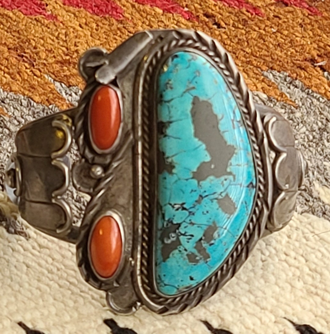 Glorious Vintage Native American Turquoise and Coral Bracelet Old Pawn ...