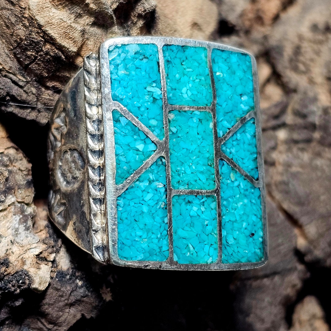 Blue Turquoise Zuni Chip Inlay Cast Silver Ring Vintage Sterling Man ...