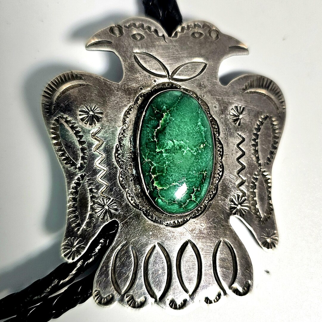 Double Thunderbird Harvey Era Bolo Malachite Vintage Native Sterling ...