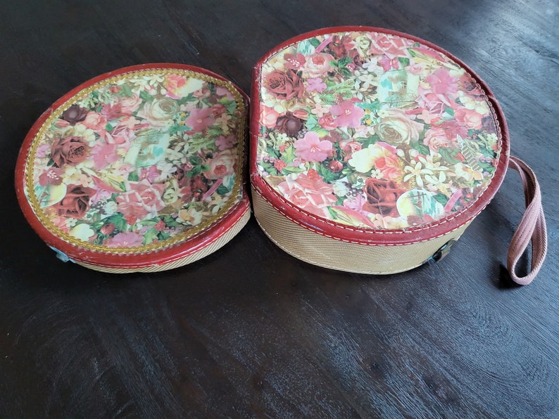 Vintage Hat Box, Round Suitcase, Tweed Case, Love Theme Round Hat Box ...