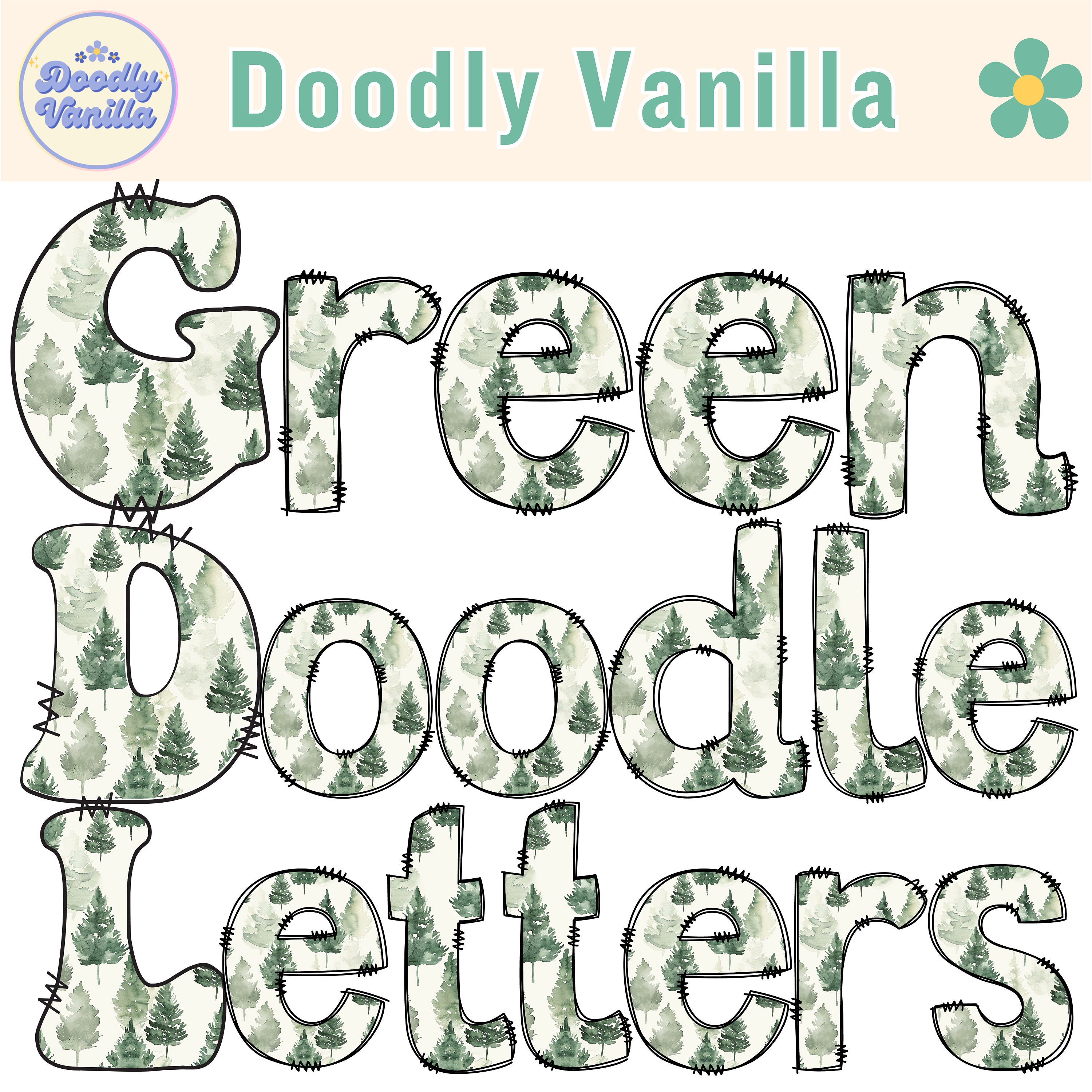 Christmas Alphabet PNG Green Doodle Letters Alphabet Set With Numbers ...