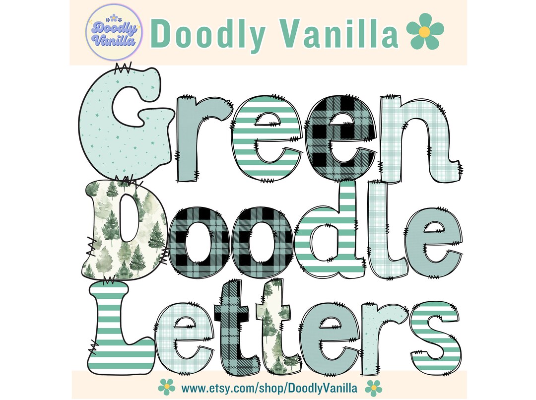 Christmas Alphabet PNG Green Doodle Letters Alphabet Set With Numbers ...