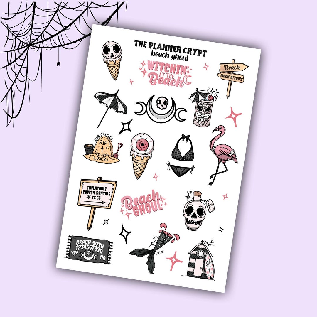 Planner Sticker Sheet, Goth Girl Stickers, Beach Ghoul, Beach Goth ...