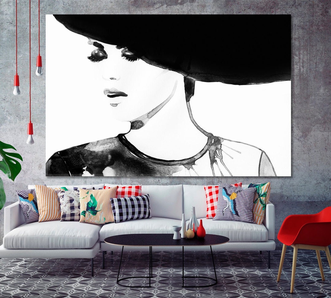 Portrait Woman Wall Panels Set, Black White Woman Wall Decor, Women Hat ...
