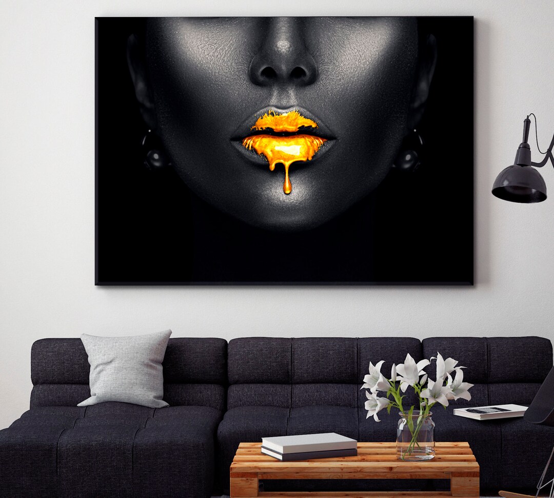 Beauty Woman Lips Wall Art Canvas Print, Golden Liquid Drops on Gold ...