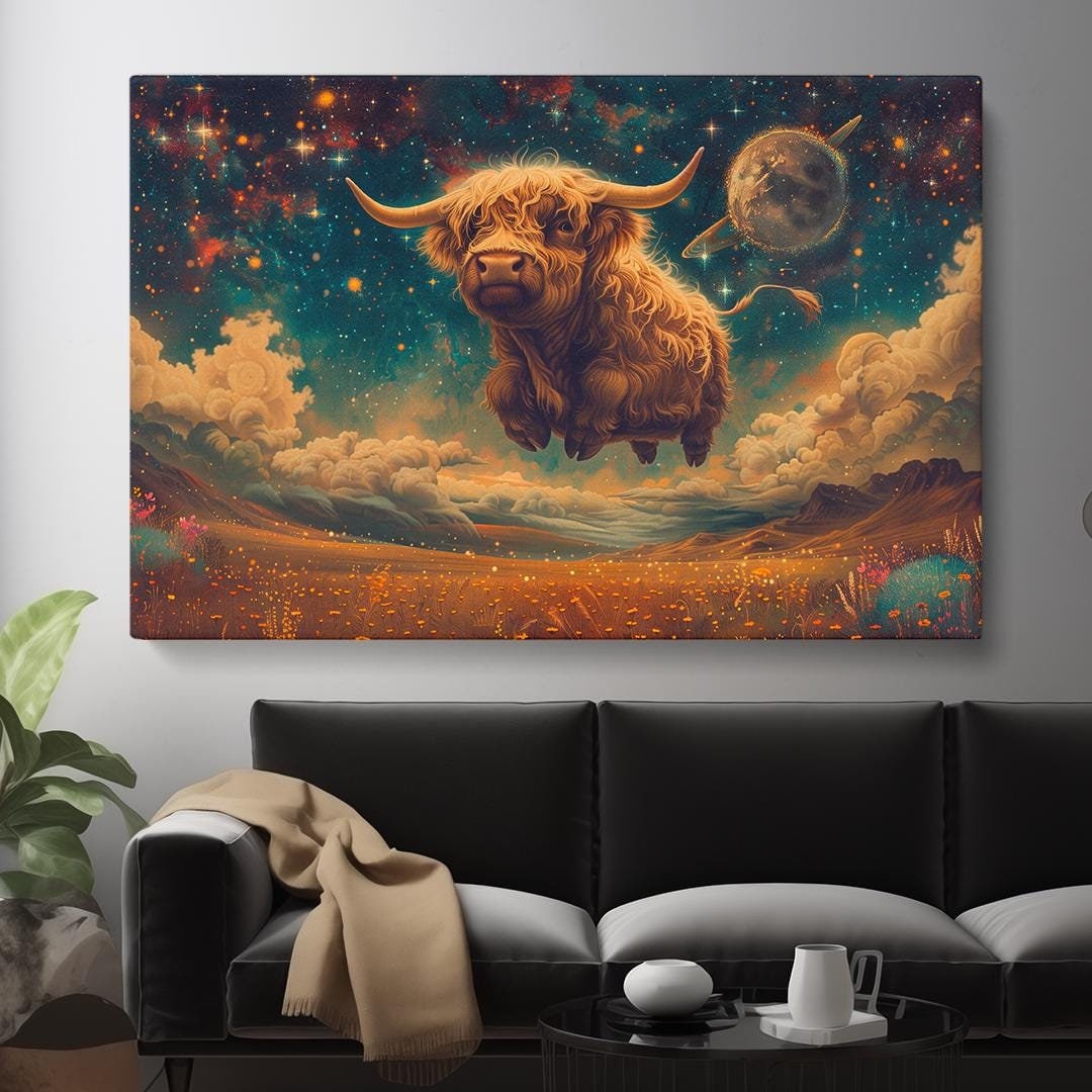 Surreal Highland Cow in Outer Space Canvas Print, Cosmic Farmhouse Wall ...