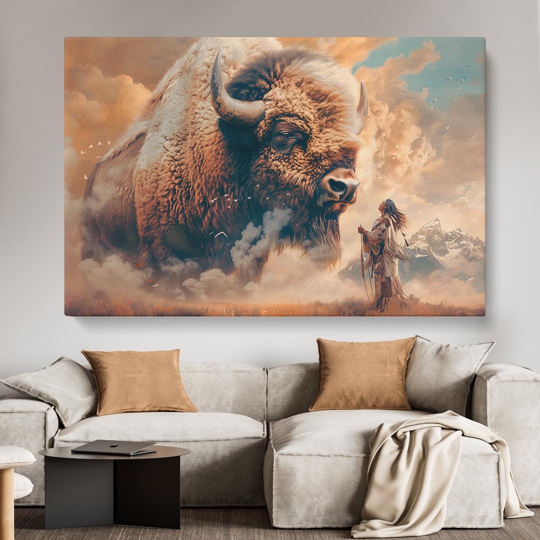 Bison Art Print, Bison and Native Warrior Canvas Print, Native American ...