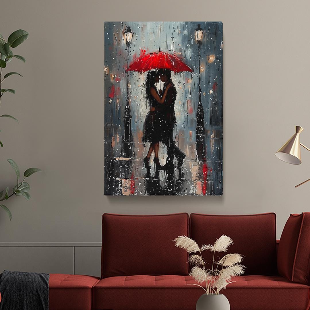 Red Umbrella Art Canvas, Couple Under Red Umbrella Canvas Print, Rainy ...