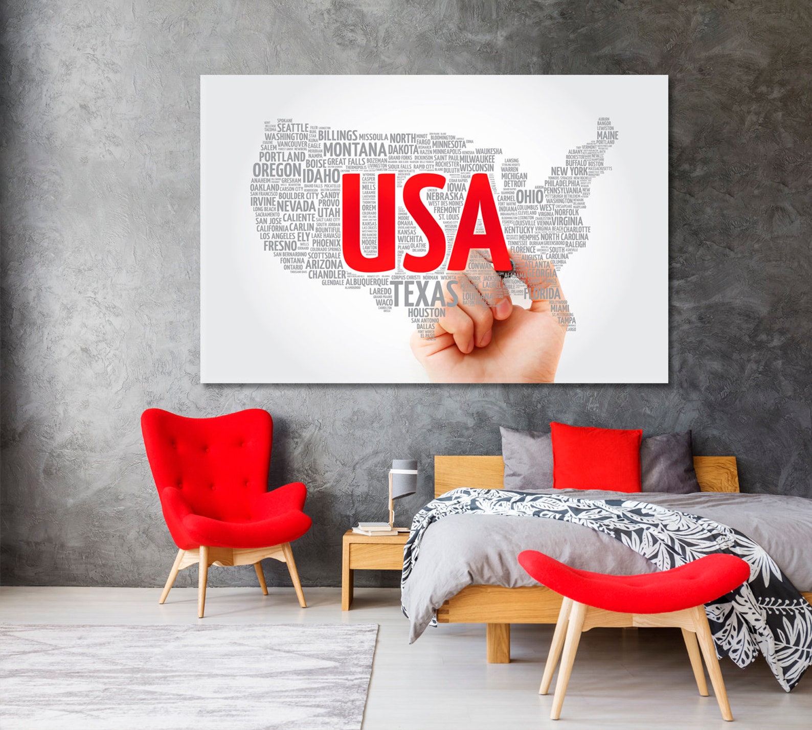 USA Wall Art, USA Most Important Cities Art, USA Map Word Cloud Collage ...