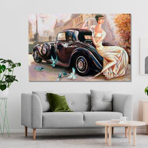 Vintage Classic Retro Car and Beautiful Woman Canvas Print, Lady on the ...