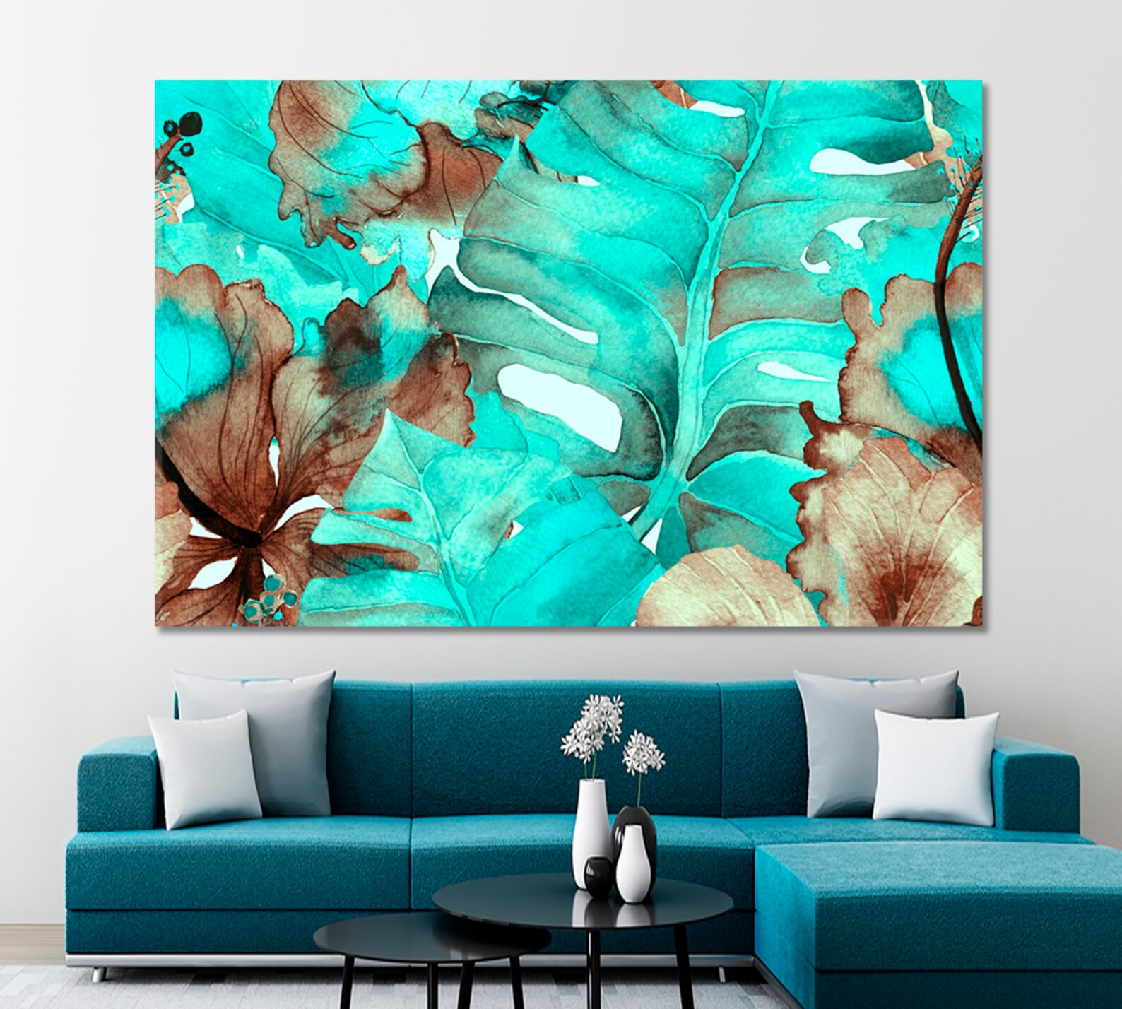 Tropic Green Turquoise Exotic Pattern Art, Tropical Palm Hibiscus ...