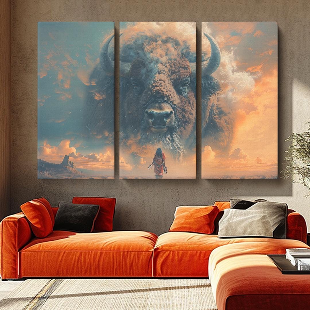 Bison Art, Bison and Native Canvas Print, Native American Warrior Wall ...