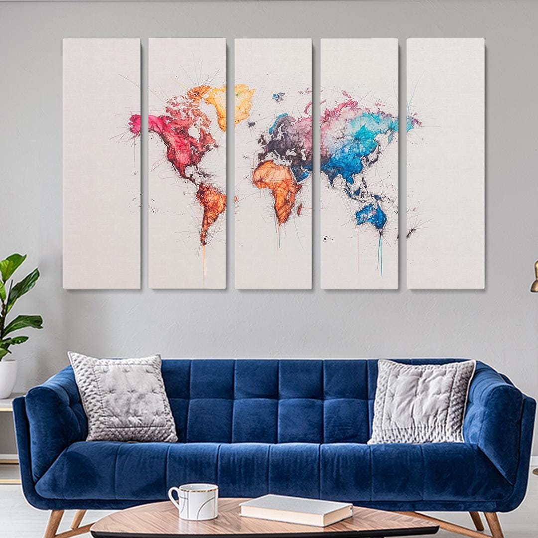 Abstract World Map Art Print, Colorful World Map Canvas Print ...