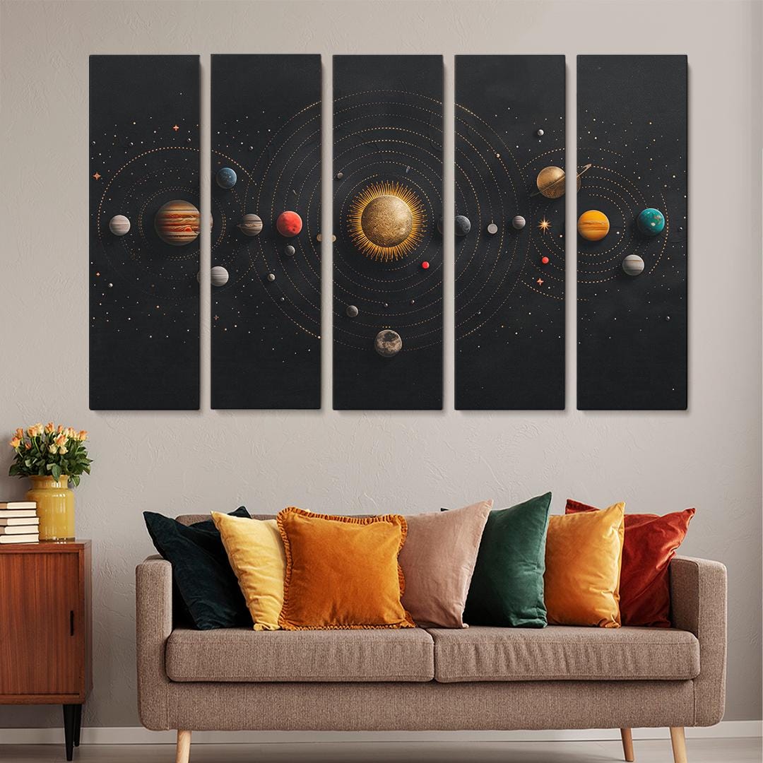 Golden Solar System and Planets Canvas Print, Outer Space Wall Art for ...