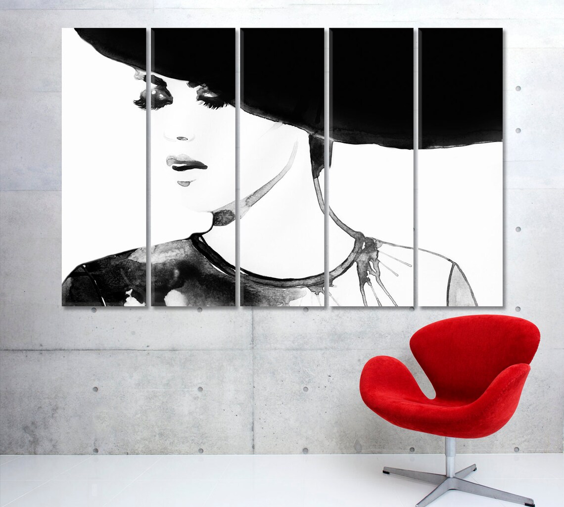 Portrait Woman Wall Panels Set, Black White Woman Wall Decor, Women Hat ...