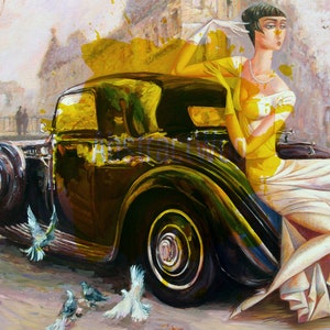 Vintage Classic Retro Car and Beautiful Woman Canvas Print, Lady on the ...