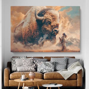 Bison Art Print, Bison and Native Warrior Canvas Print, Native American ...