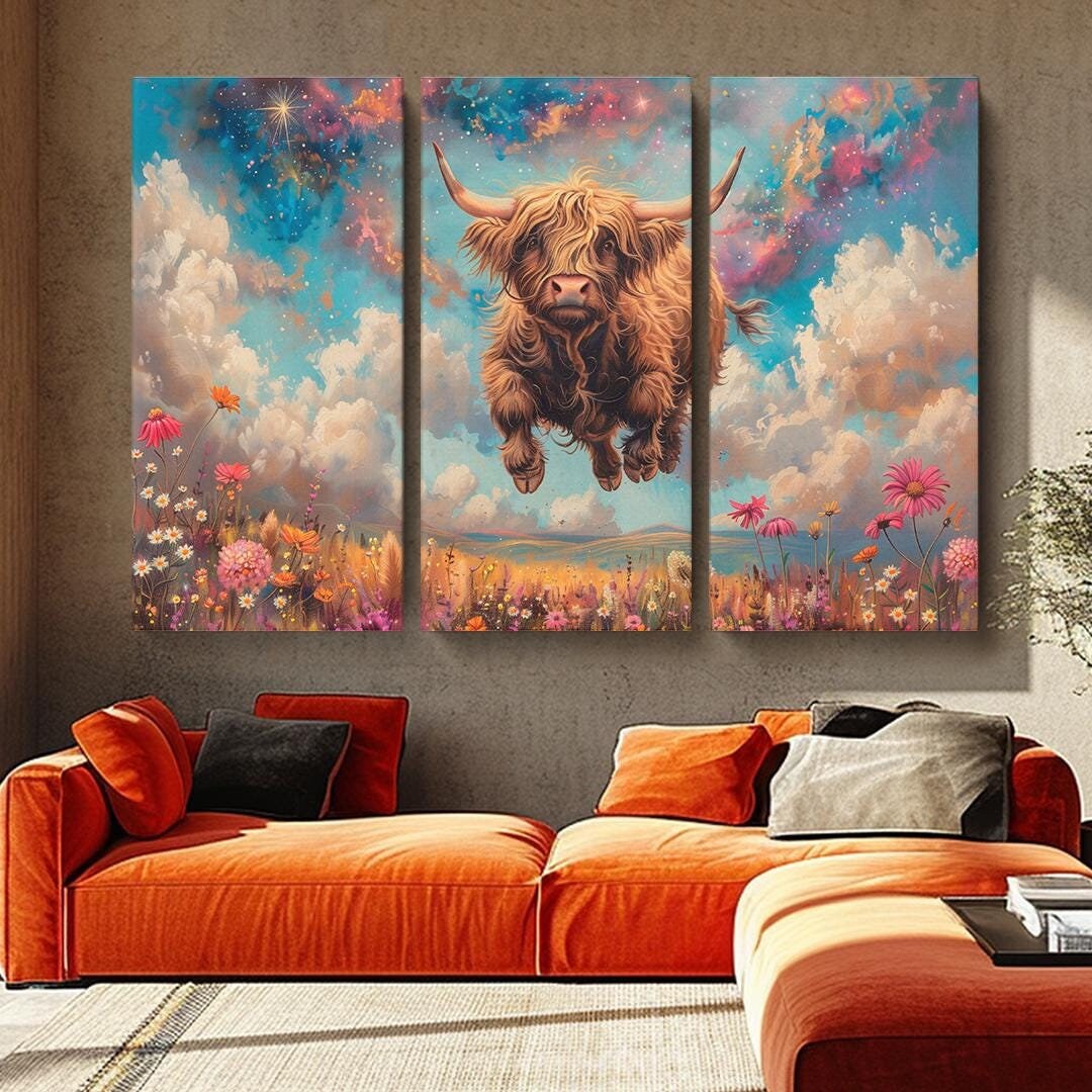 Highland Cow in Fantasy Meadow Canvas Print, Fantasy Landscape Artwork ...