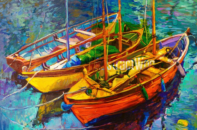Impressionism Boats And Sunset Canvas Print Modern | Etsy