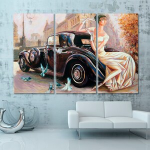 Vintage Classic Retro Car and Beautiful Woman Canvas Print, Lady on the ...