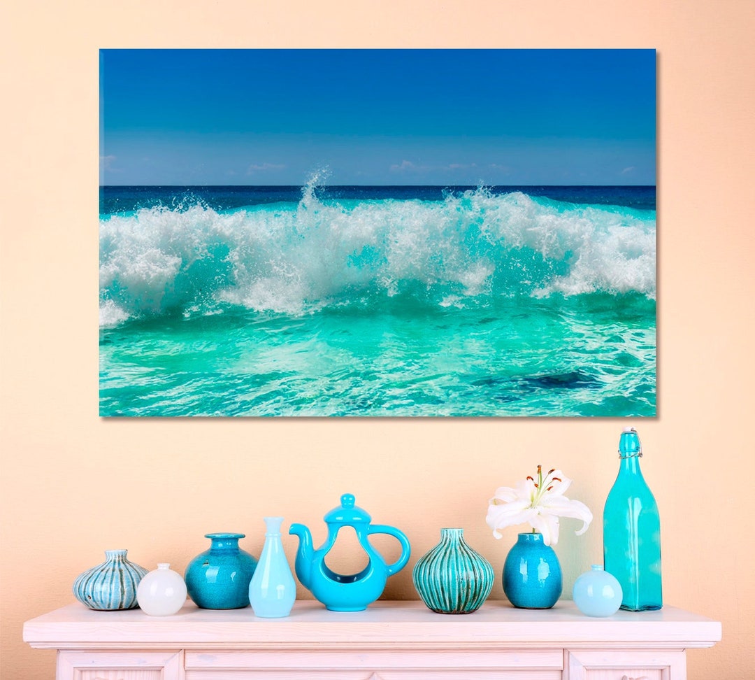 Turquoise Sea Wave Splash Art, Ocean Life Wall Art Print, Nautical Wall ...