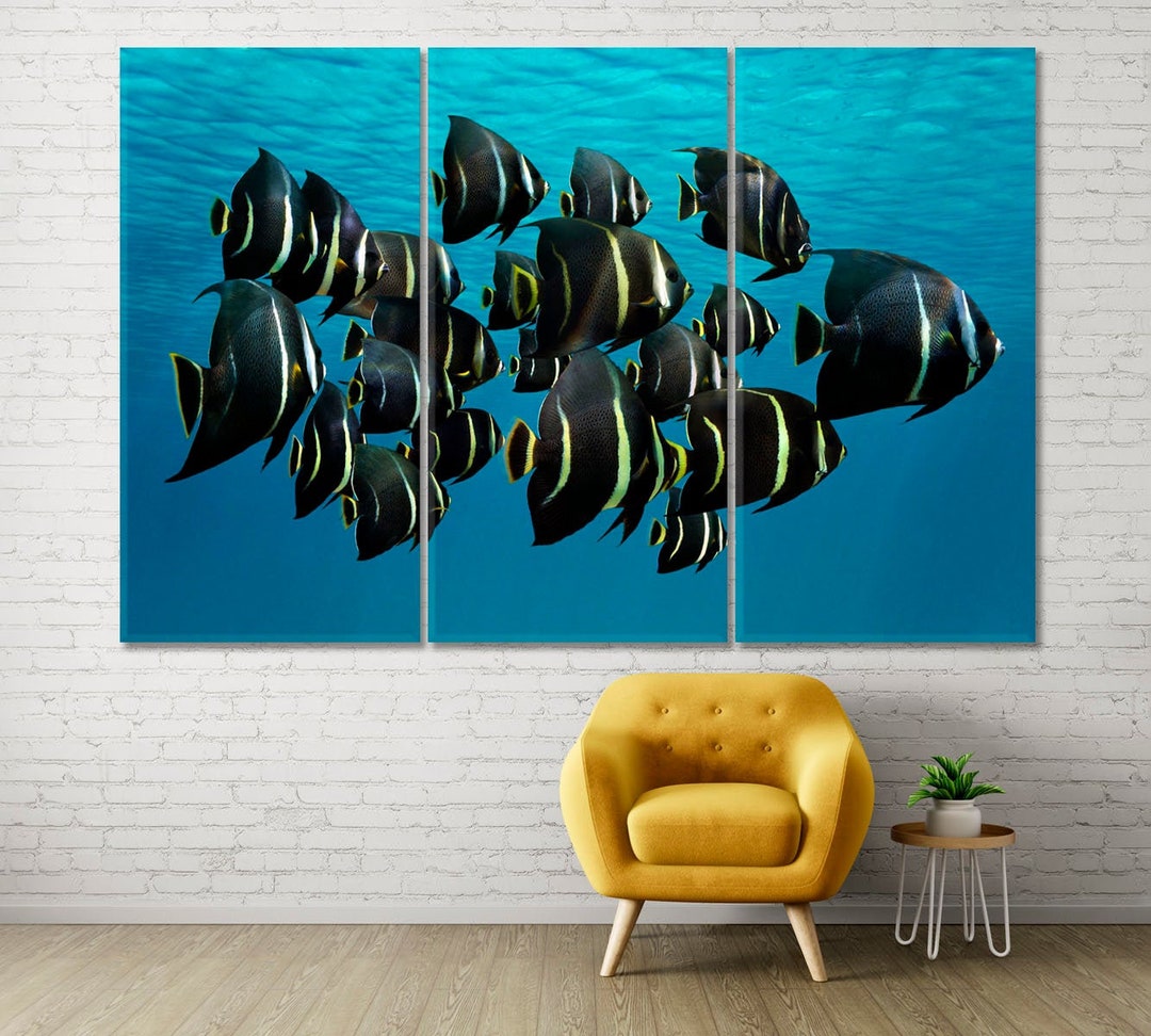 Decoração de parede com cardume de peixes subaquáticos, painéis ...