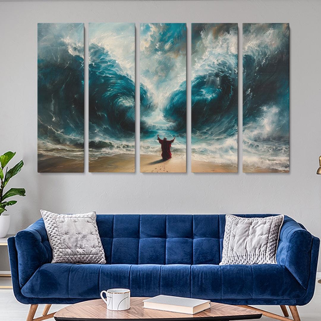 Moses Parting the Sea Wall Art, Stormy Biblical Canvas Print for Church ...
