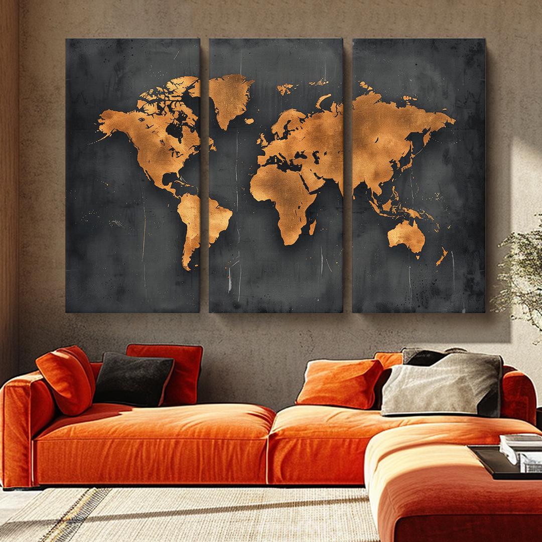 World Map Wall Art, Black and Gold World Map Canvas Print, Modern Map ...