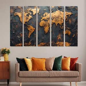 World Map Canvas Print, Gold and Black World Map Art Print, Gold World ...