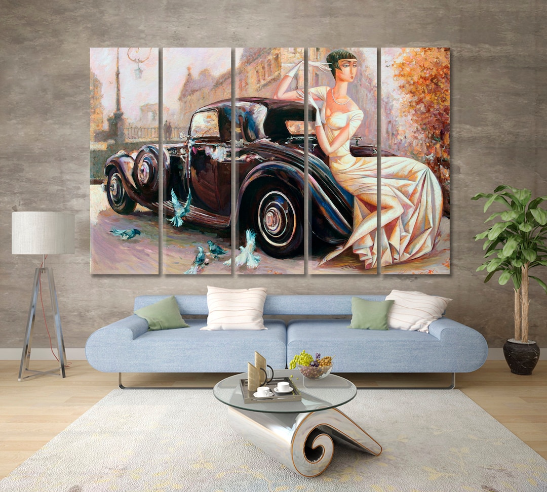 Vintage Classic Retro Car and Beautiful Woman Canvas Print, Lady on the ...