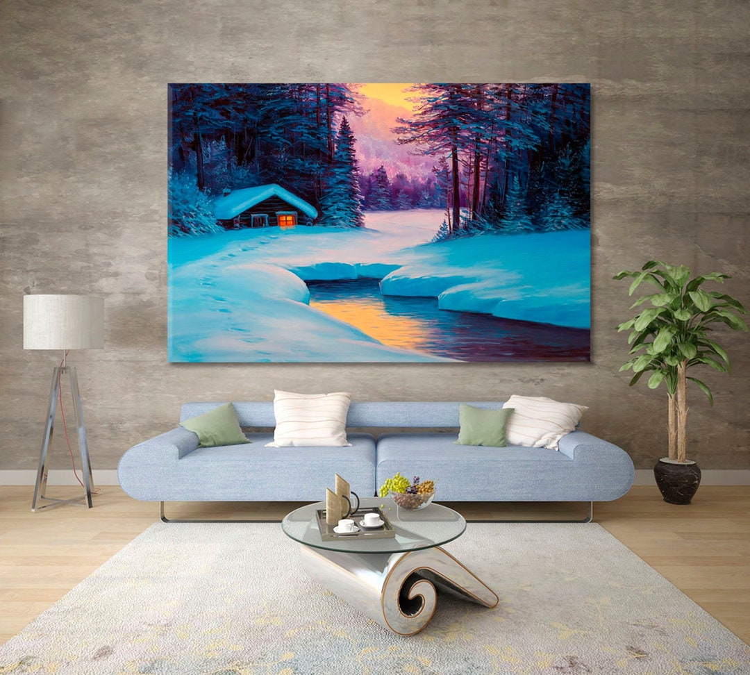 Magical Winter House in Woods Art Canvas Print, Winter Landscape Wall ...