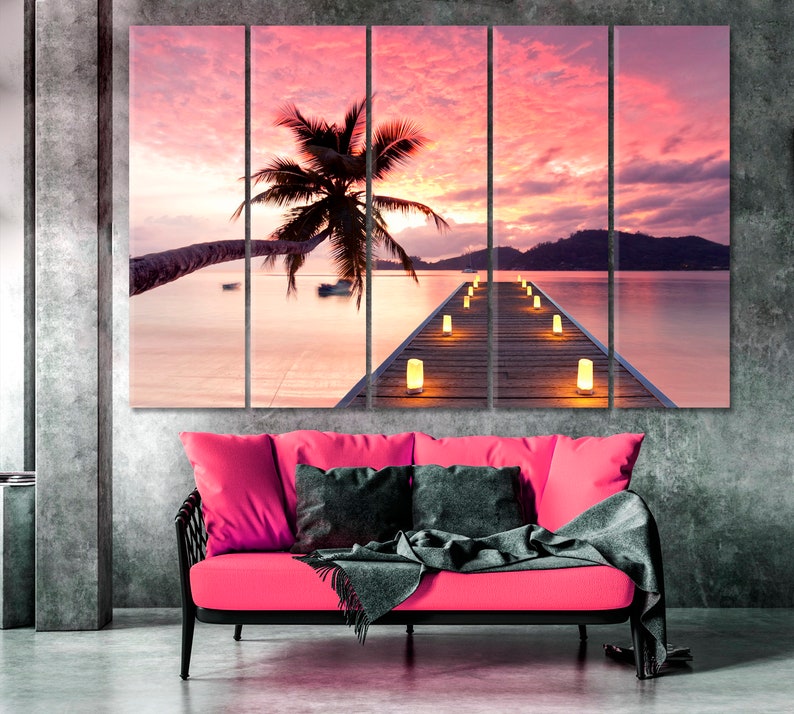 Pink Romantic Sunset Canvas Print Wall Decor, Wooden Jetty Tropical ...