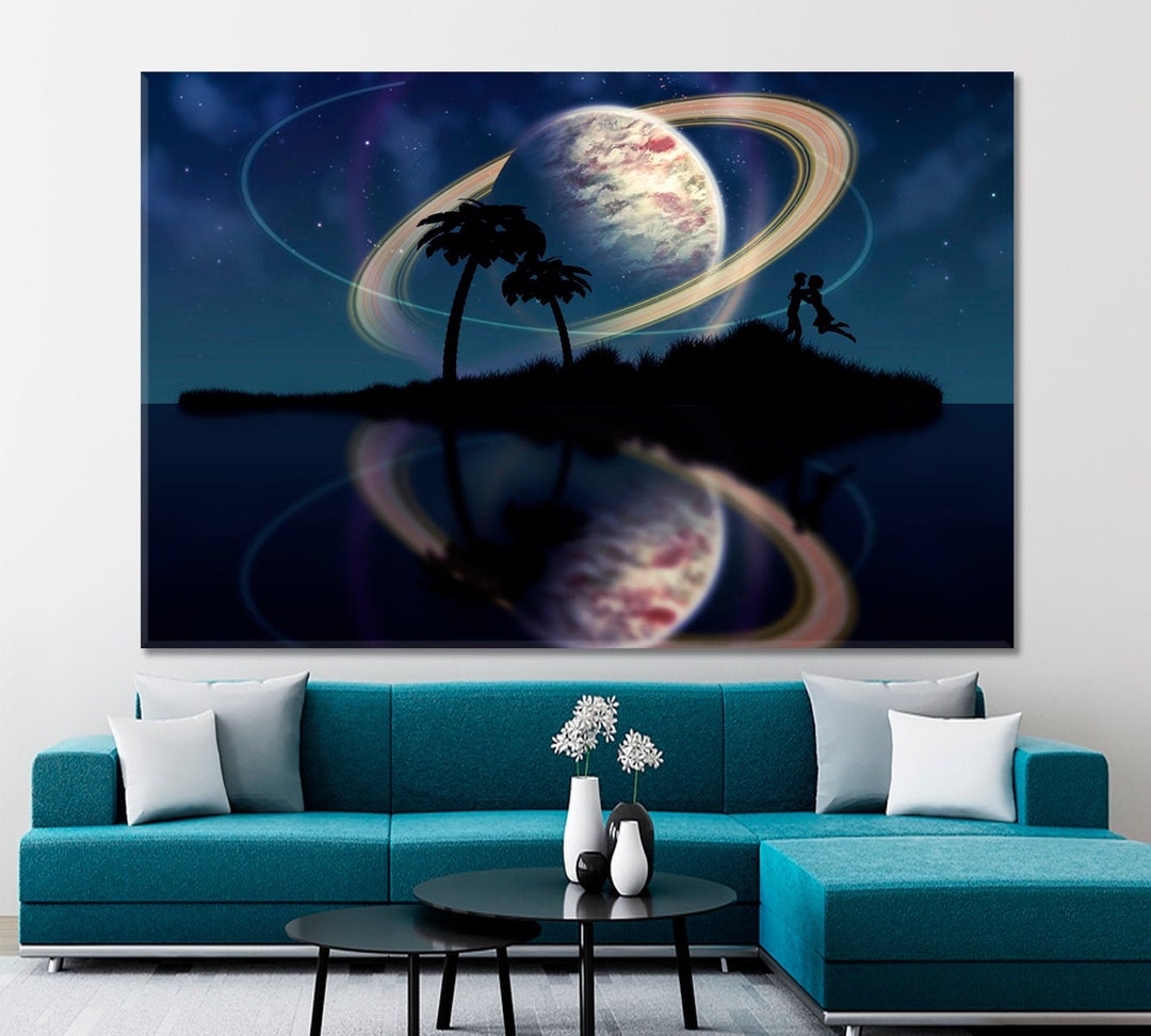 Galaxy Wall Art | Fantasy Space Landscape Wall Decor, Abstract Surreal Tropical Island Canvas ...