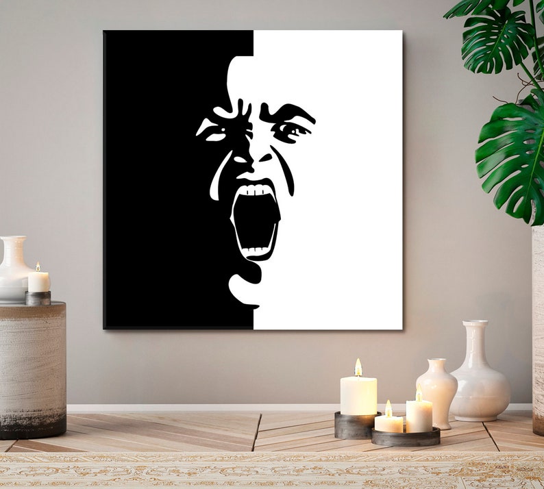 Screaming Face Abstract Art Print, Black White Emotional Scream Wall ...