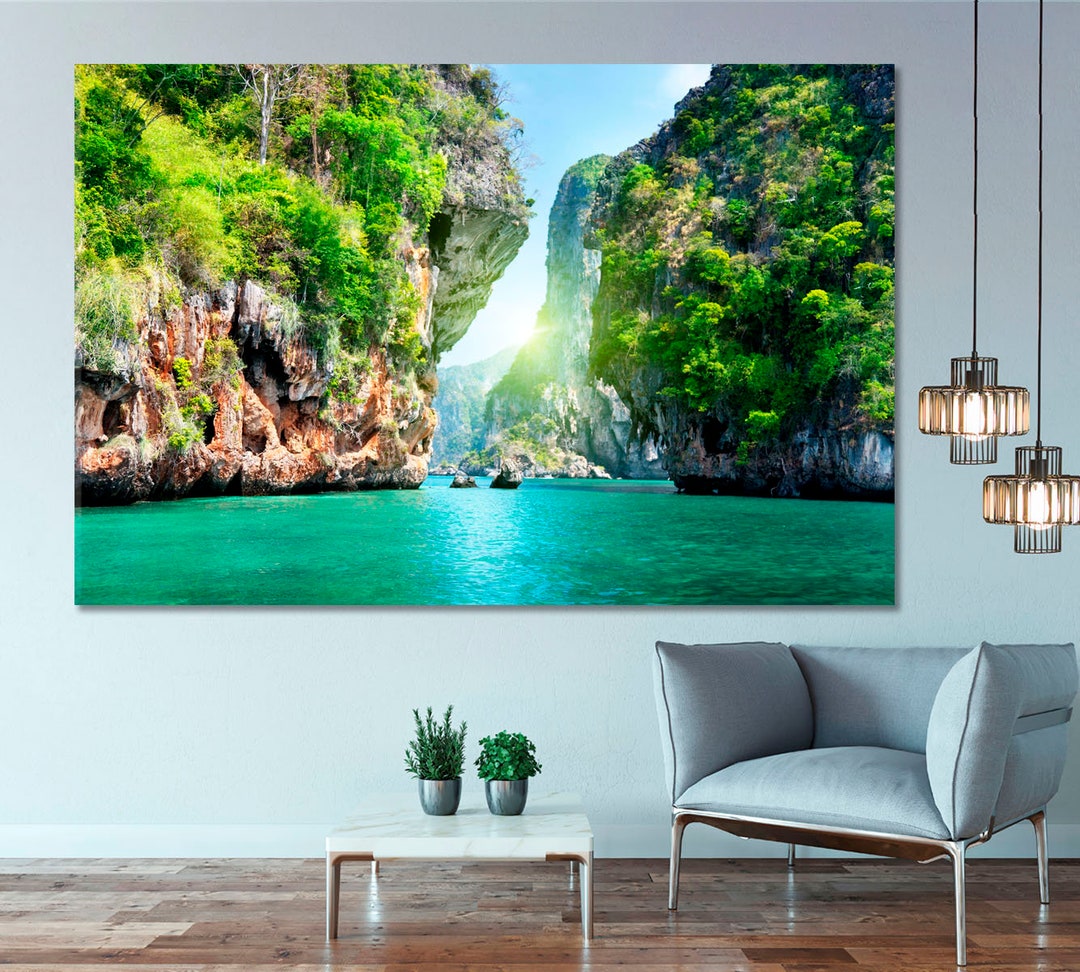 Rocks and Sea Tropic Islands Wall Decor, Panoramic Tropic Wall Set ...