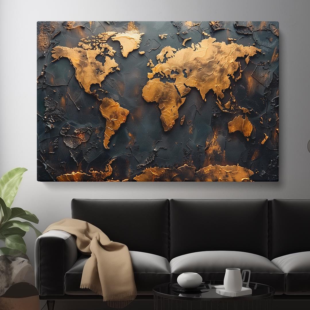 World Map Canvas Print, Gold and Black World Map Art Print, Gold World ...