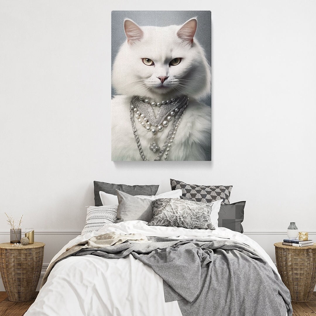 White Cat Wall Art, White Cat With Pearls Canvas Print, Luxurious ...