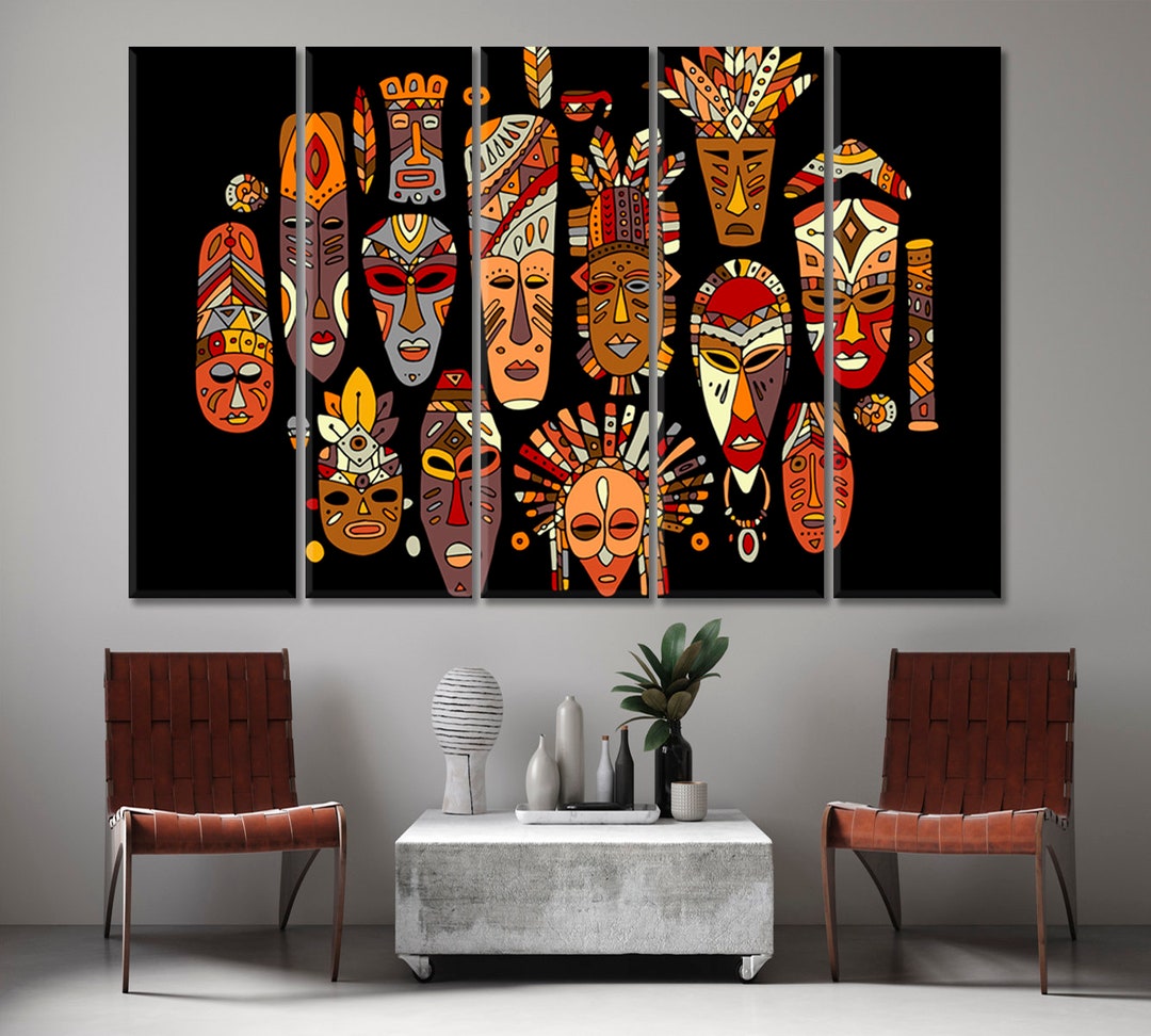 Face Maske Wall Art, Abstract Ethnic Tribal Face Masks Canvas Print ...