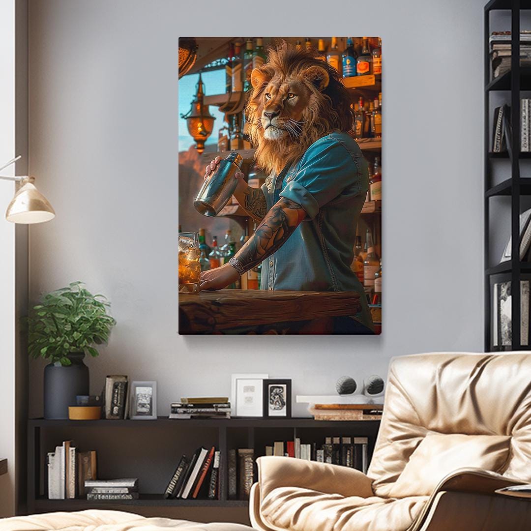 Bartender Lion Canvas Print, Bar Wall Art, Man Cave Decor, Lion Wall ...
