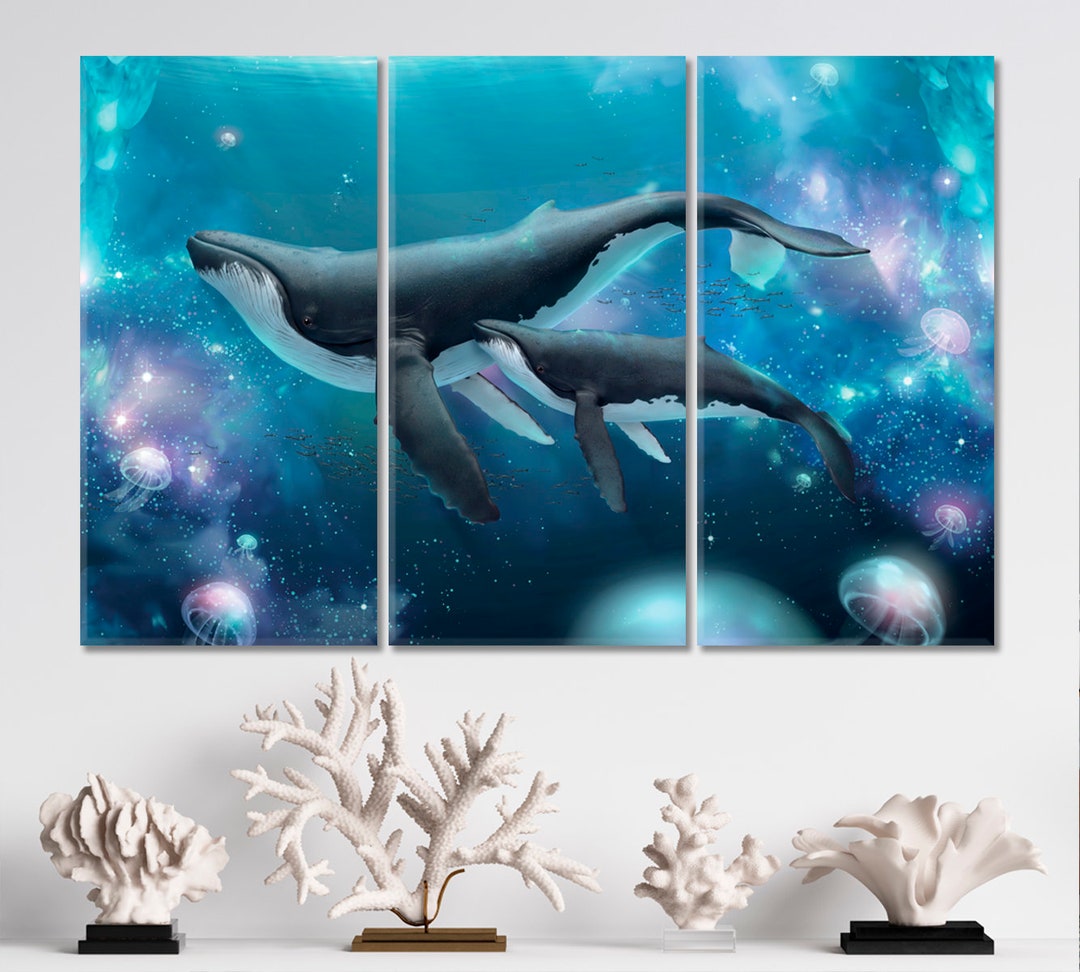 Whale Wall Art, Surreal Nebula Ocean Art Wall Decor, Whales Mother and ...