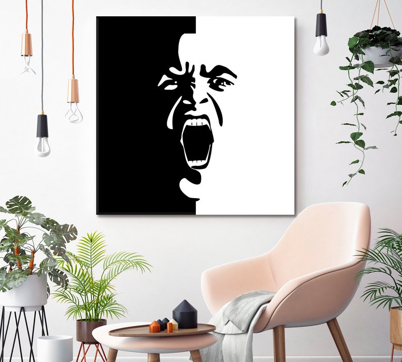 Screaming Face Abstract Art Print, Black White Emotional Scream Wall ...