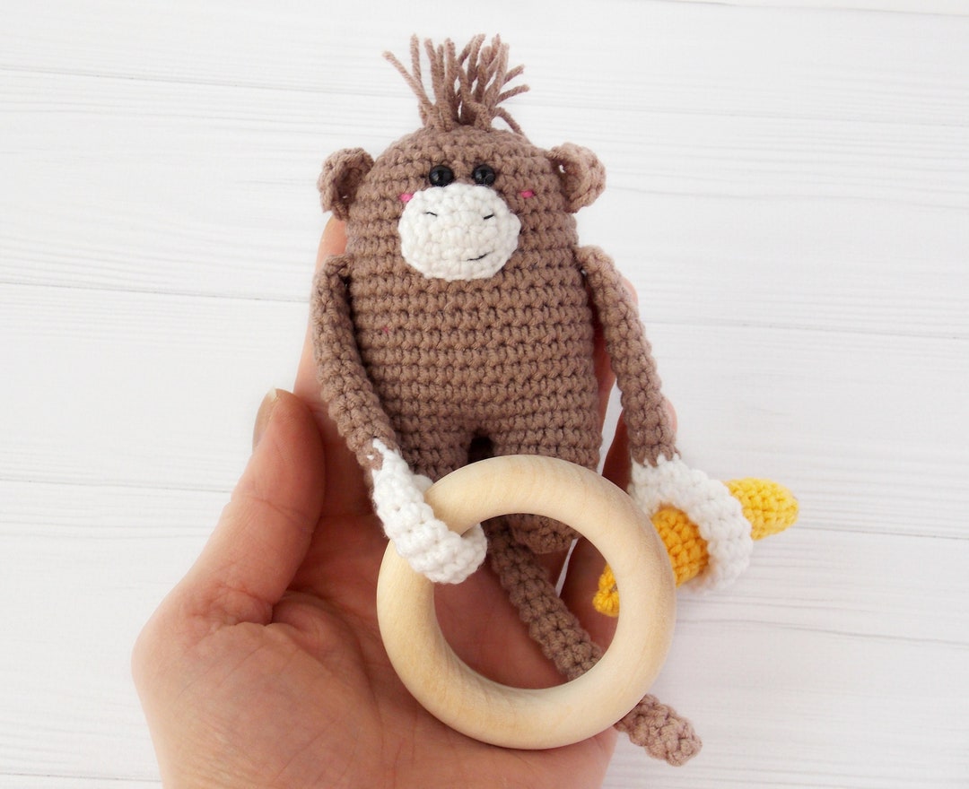 Crochet Monkey Baby Toy, Amigurumi Monkey Rattle, Baby Stroller Toy ...