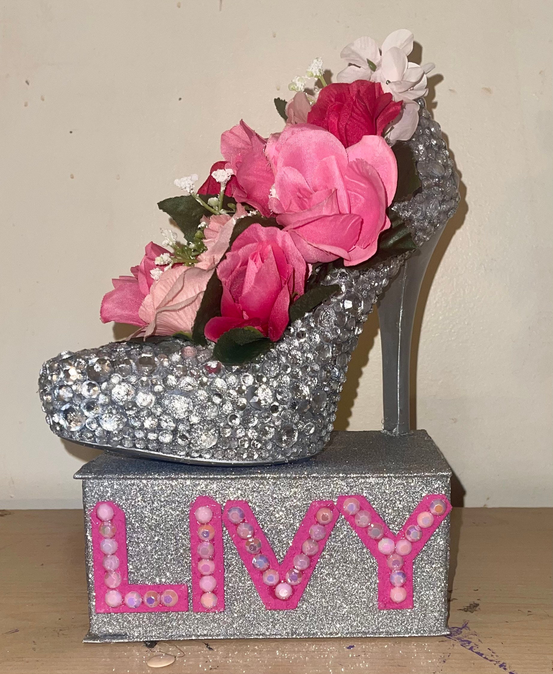 Silver Blinged High Heel Shoe stiletto Artificial Floral Arrangement ...